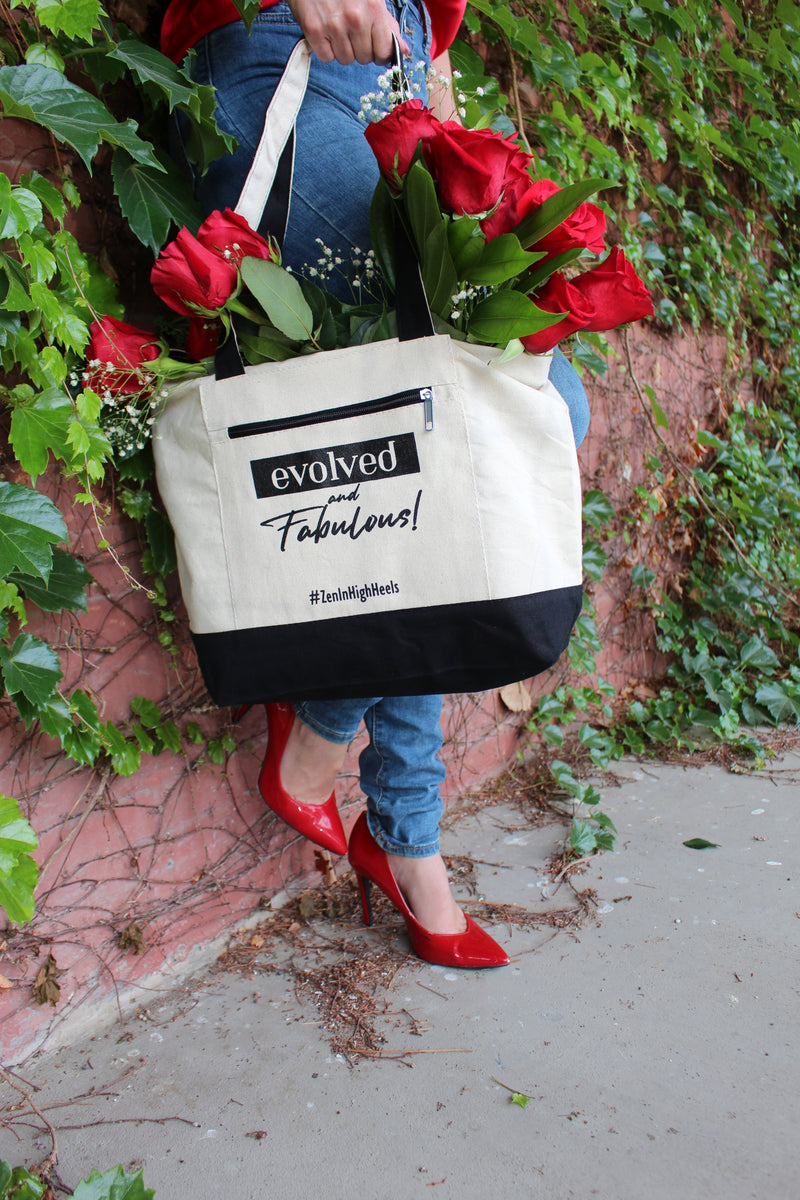 Zippered Canvas Tote with lettering "Evolved and Fabulous" in black ...